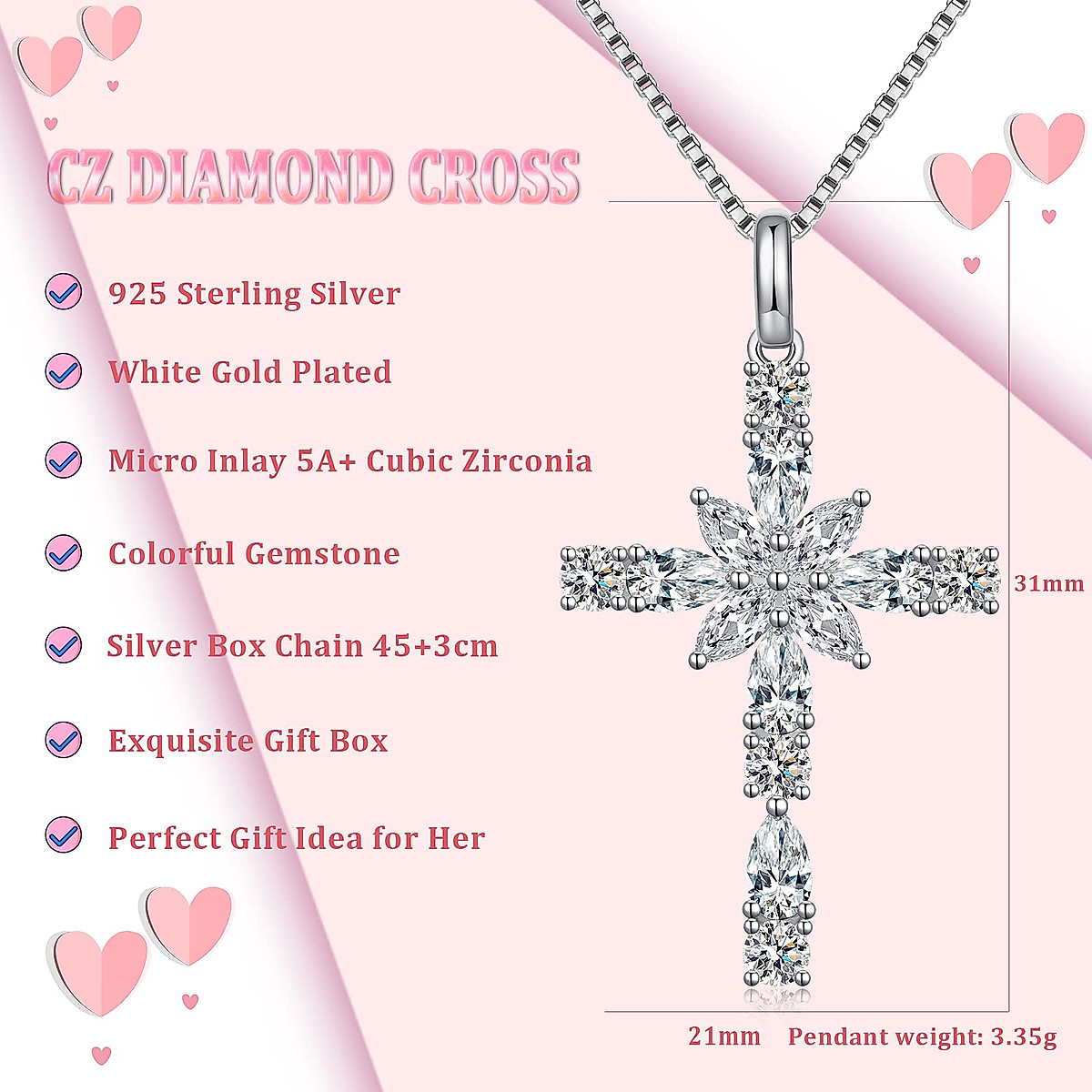 ZDaoBen Cross Necklace for Women Diamond CZ Cross Necklace Sterling Silver Cubic Zirconia Birthstone Cross Necklace for Women Cross Jewelry April Birthstone Necklace White Cross Jewelry