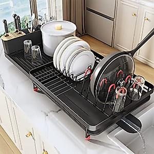 Dish Drying Rack, Expandable Dish Racks for Kitchen Counter, Multifunctional Extra Large Dish Strainers with Cutlery & Pan Holders, Extendable Anti-Rust Dish Drainers with Drainboard for Kitchenware