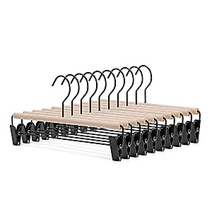 Nature Smile Deluxe Beech Wooden Pants Hangers Bottom Hanger Jeans Hanger Trousers Skirt Hanger with 2-Adjustable Black Matt Clips and Hook 10 Pack (Natural Wood+Black Metal)