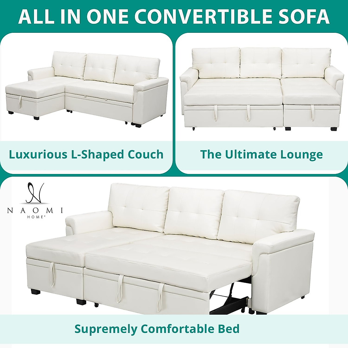 Naomi Home Transform Any Space: Sleeper Sectional Sofa with Convertible Sofa Bed & Inviting Chaise. Find Tranquil Comfort with Stress-Relieving Design & Durable Cushions - White/Air Leather