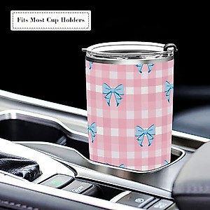 Pink Plaid Bow Stainless Steel coffee cups with lids with Straw Lid Camping Mug for camping simply flip straw tumbler 20 OZ