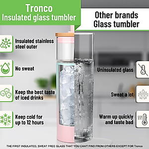Tronco 20 oz Double Walled Insulated Glass Tumbler with Straw and Lid, Vacuum Stainless Steel Outer, Reusable Insulated Iced Coffee Cup Smoothie Cup, Sweat-Free, BPA Free