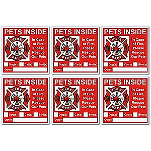 6 Pets Inside Red Safety Alert Warning Window Door Stickers; in Fire or Emergency They Notify Rescue Personnel to Save Pet; 3 X 3 Inches