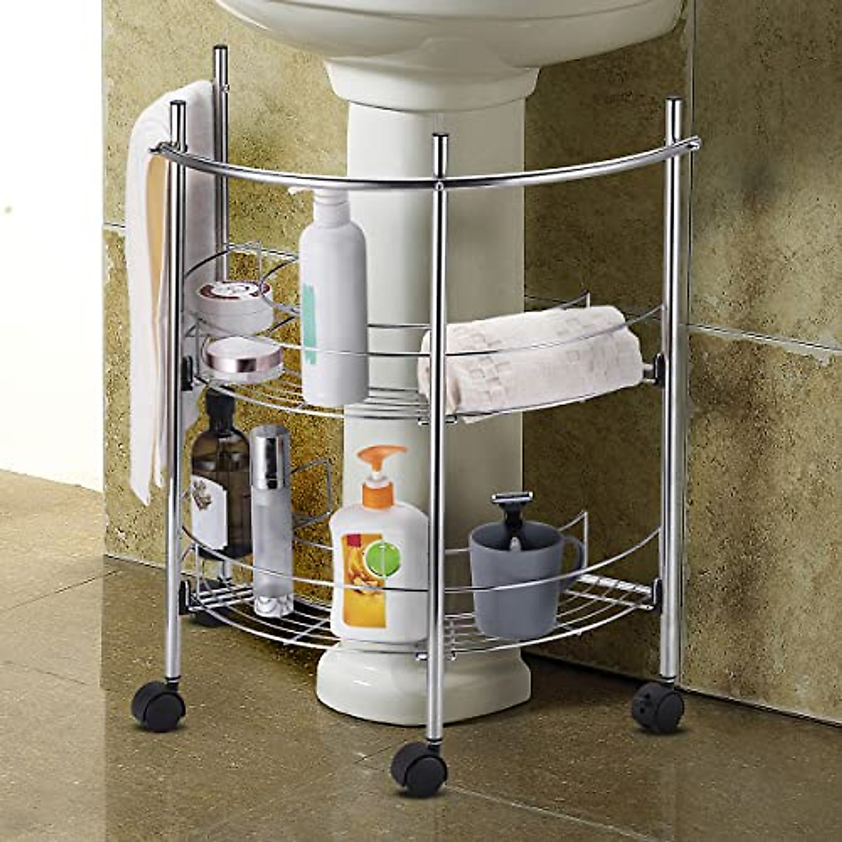 L&H Unico Under The Sink Organizer Pedestal Storage Rack Stand with 2 Tier Shelves Hand Towel Bar for Bathroom Kitchen,Stainless Steel,Chrome
