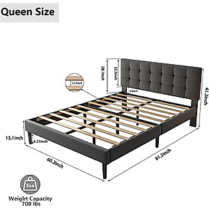 Lijimei Queen Bed Frame with Headboard, Platform Bed with Wood Slats Support and Tufted Stitched Upholstered Headboard, Mattress Foundation, No Box Spring Needed, Easy Assembly, Noise Free, Dark Gray