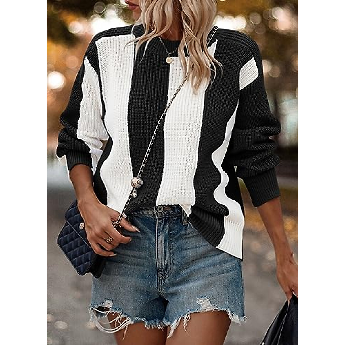 PRETTYGARDEN Women's 2023 Fall Knit Pullover Sweater Casual Long Sleeve Color Block Jumper Blouse Tops (Black,Large)