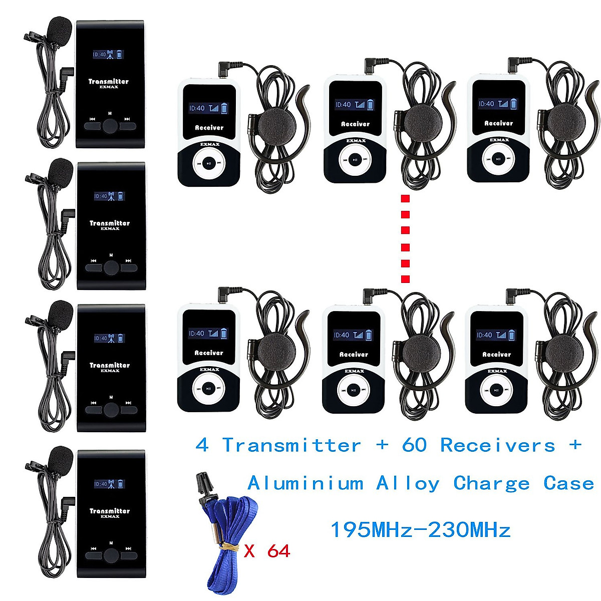 EXMAX Portable Interpreting Solutions ATG-100T 195MHz for Court Interpreters for Courthouses, Churches, International Conference(4 Transmitters and 60 Receivers + Aluminium Alloy Charge Case)