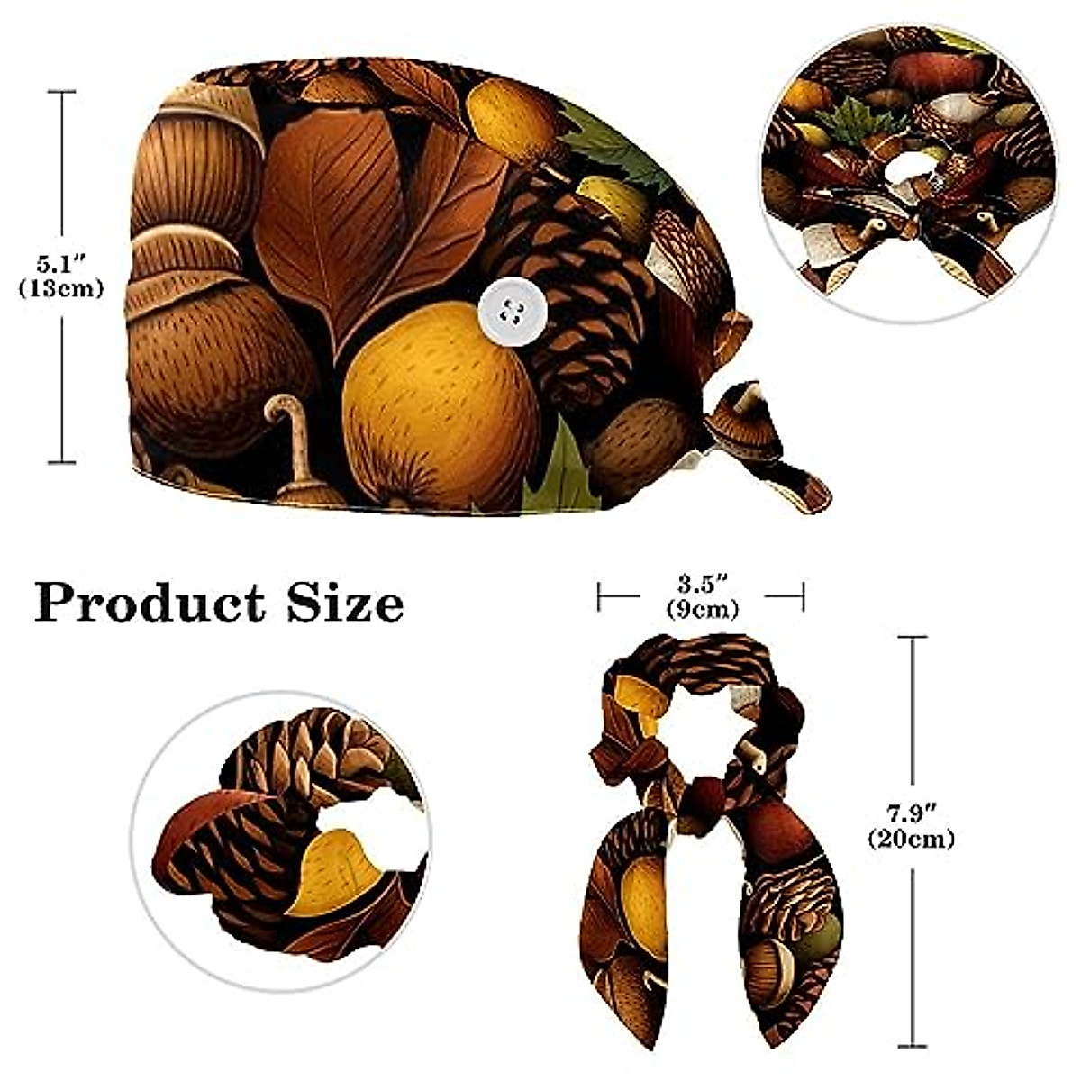 Happy Thanksgiving Acorns Bouffant Working Cap with Ribbon Tie for Women Long Hair, Scrub Surgical Hat, One Size Head Cover
