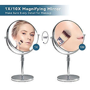 HOMEMIRO 17" Tall Tabletop Makeup Mirror Height Adjustable Vanity Mirror 8" Large Free Standing 1X/10X Magnifying Mirror on Stand,Classic Round Desktop Make Up Mirror for Bathroom or Bedroom,No Light