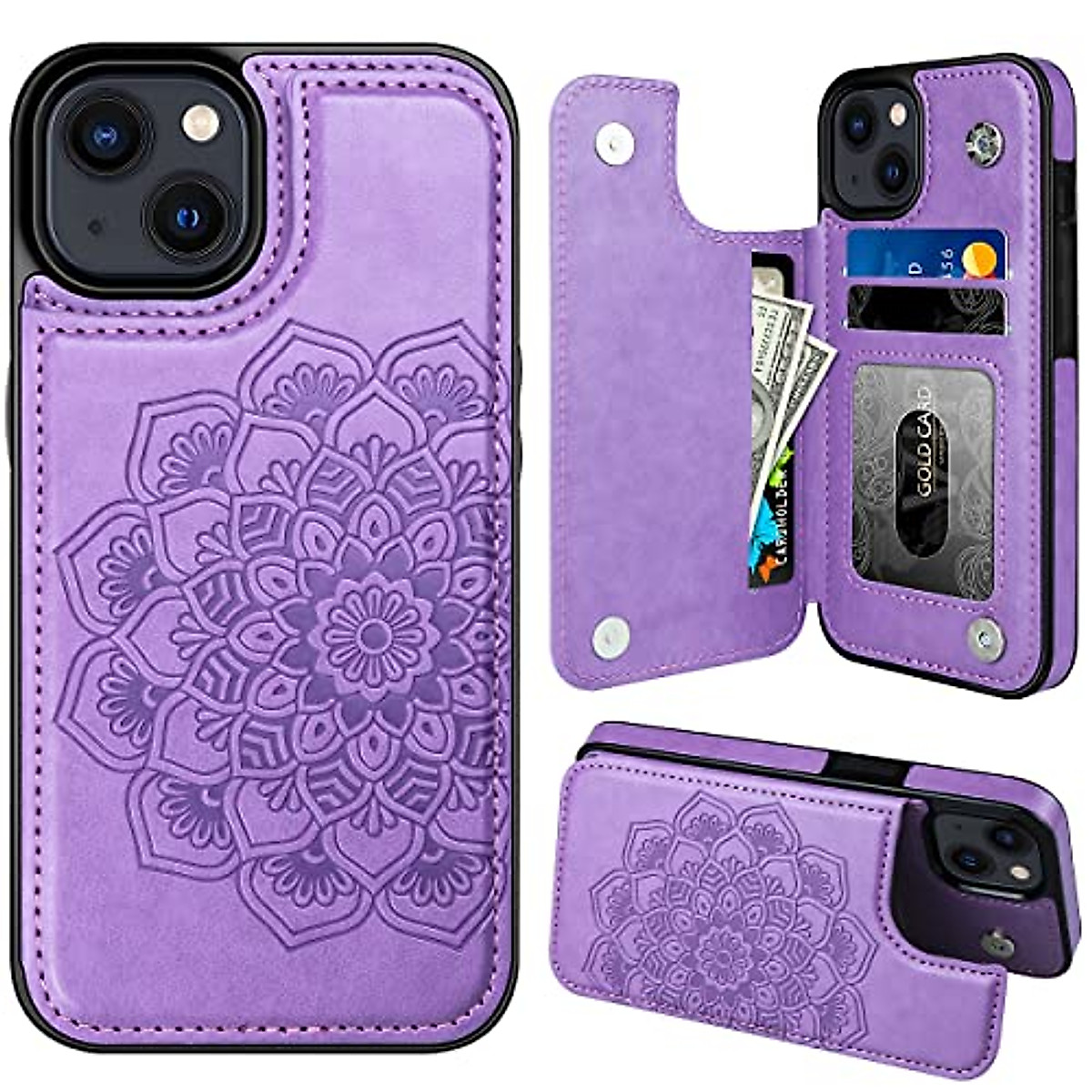MMHUO for iPhone 14 Case with Card Holder, Flower Magnetic Back Flip Wallet Case for Women, Protective Case Phone Case, Purple