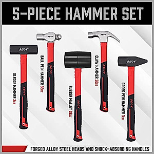 SEDY 5-Piece Hammer Set - 24oz Ball Pein Hammer | 22oz Claw Hammer | 32oz Rubber Mallet | 3lb Sledge Hammer | 3lb Cross Pein Hammer