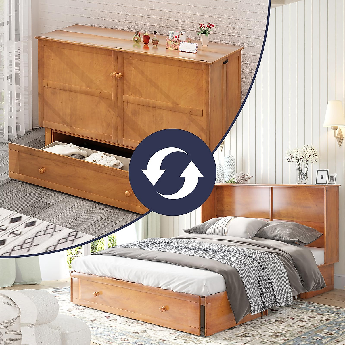 ijuicy Queen Size Murphy Bed, Queen Murphy Cube Cabinet Chest Bed with 3 Level Folding Memory Foam Mattress & USB Charging Station& Large Drawers (Russet Brown,Poplar)