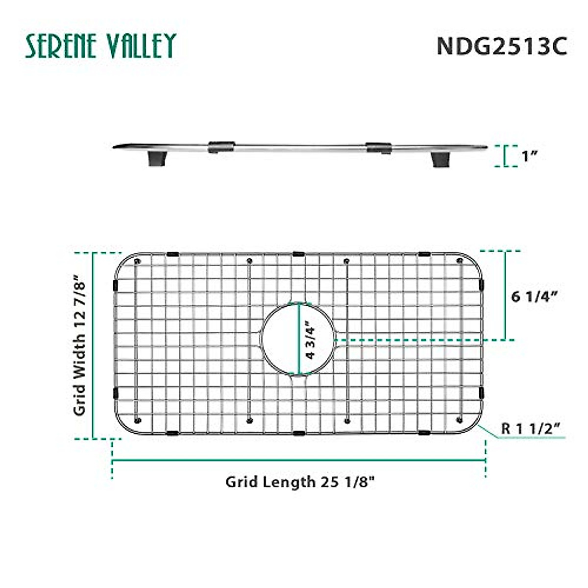 Serene Valley Sink Bottom Grid 25-1/8" x 12-7/8", Centered Drain with Corner Radius 1-1/2", Sink Grid Stainless Steel NDG2513C