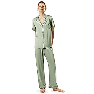 AW BRIDAL Plus Silk Pajamas for Women Satin Pajama Set Button Up Bride Bridesmaid Pajamas Sleepwear Loungewear, Sage Green XL