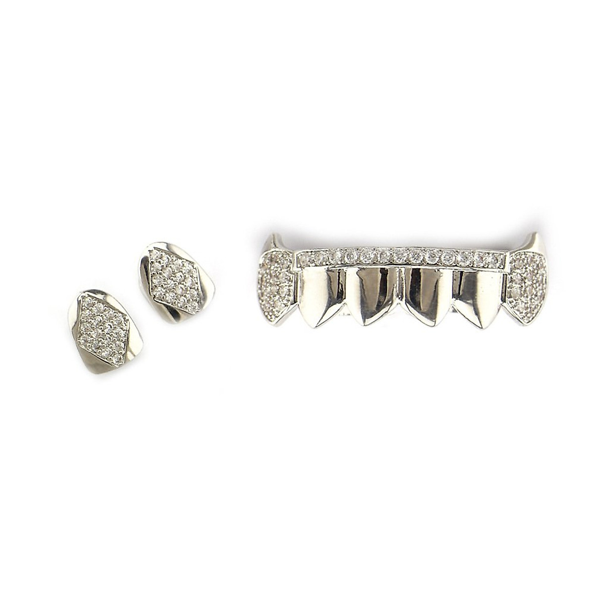 OOCC 18K Gold Plated Hip Hop Teeth Grillz Caps Iced Out CZ 2 pc Single Top 6 Bottom Vampire Fangs Grillz with Diamonds for Your Teeth (Silvery)