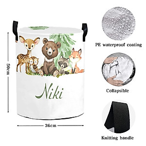BigBigift Greenery Woodland Bear Deer Round Laundry Basket Personalized with Name Waterproof Canvas Clothes Basket Laundry Hamper with Handles for Kids Room Bedroom Gift Baskets