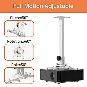JOY worker Universal Projector Ceiling Mount Bracket Holder Fits Flat or Sloped Ceiling, Full Motion Projector Mount with Extending Arms for Home and Office, White