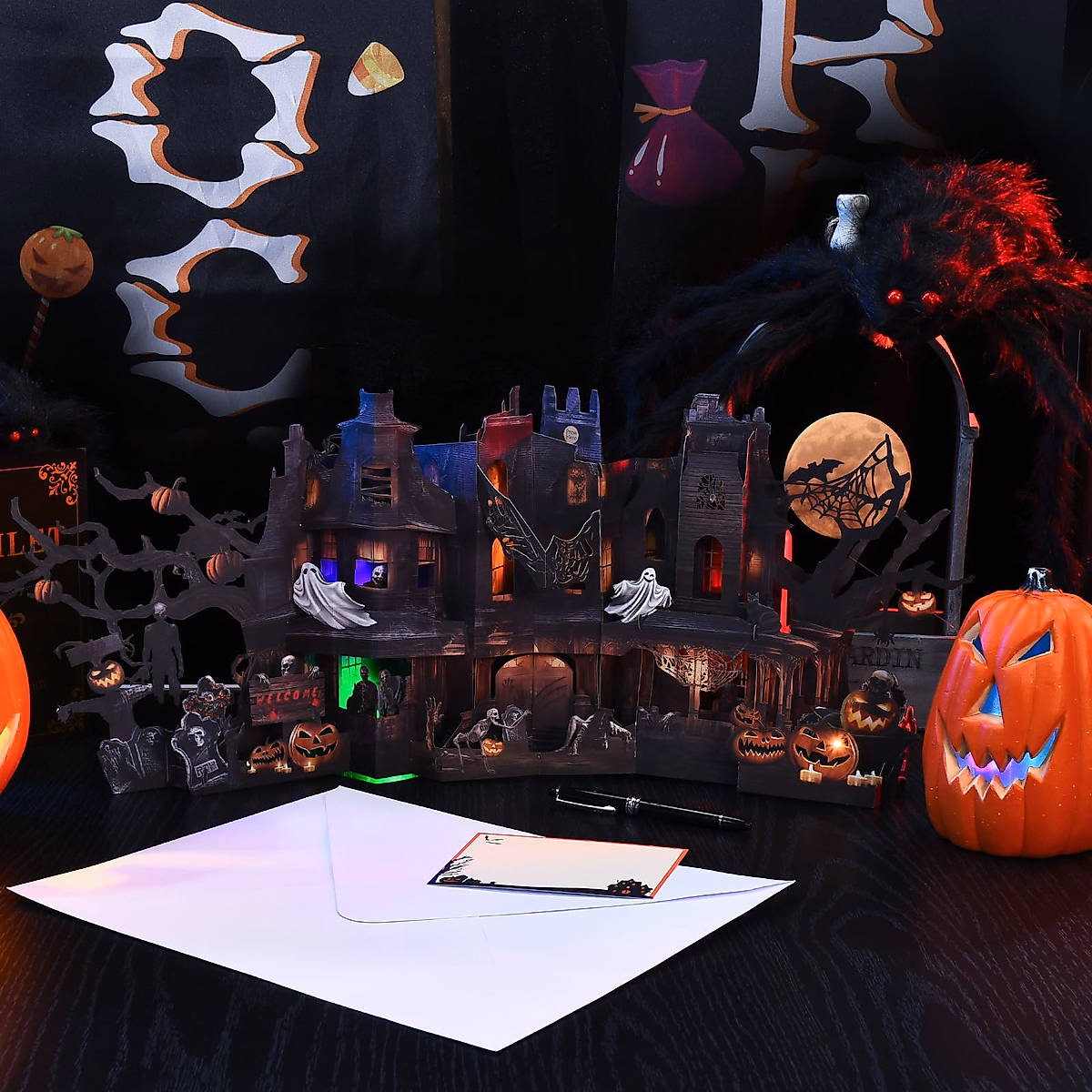 VIVIKEN Pop Up Halloween Card, 3D Jumbo Paper Halloween Spooky Castle Decoration Card with Lights and Music Includes Envelop and Note Card-Accordion Haunted House-Big Size