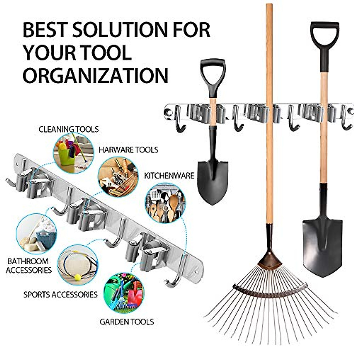 JEWJIO Broom Mop Holder, 15 Inch Wall Mounted Broom Storage Rack Utility Hanger 3 Racks 4 Hooks for Bathroom Home Kitchen Office Closet Garage Stainless Steel Heavy Tool Storage Rack