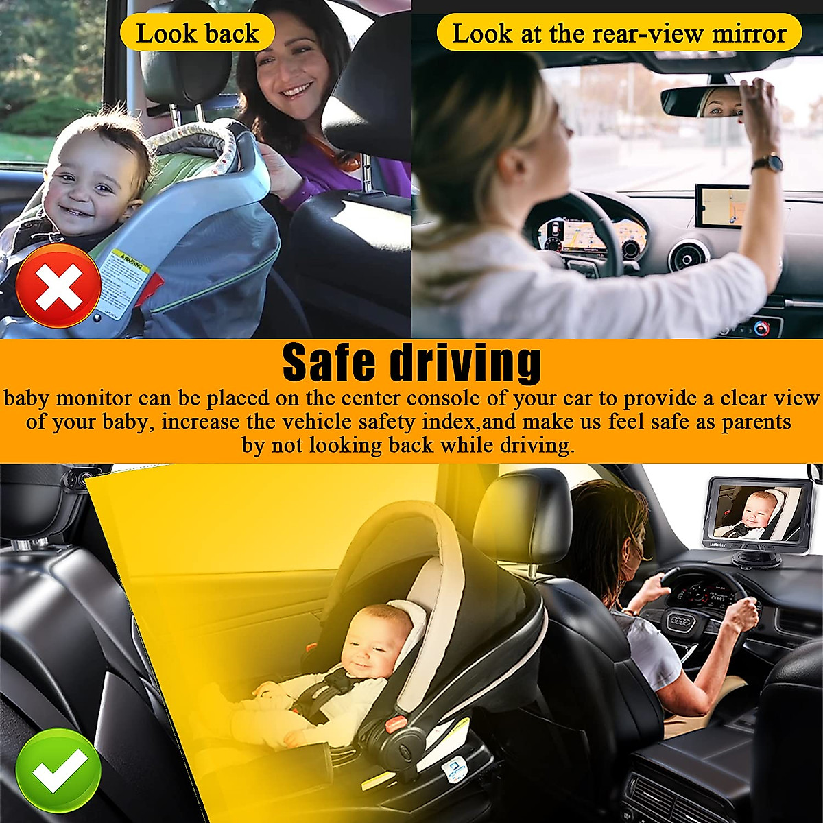 Baby Car Mirror,AHD 1080P Baby Car Camera with 5'' Monitor System for Car Back Seat Full View Infant,Powerful IR Night Vision Aimed at Baby-Easily to Observe Baby's Behavior Movement-LK13