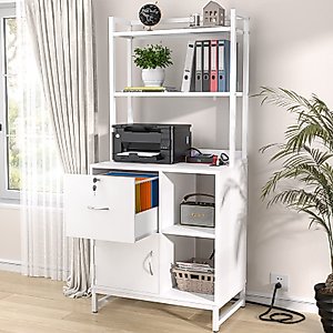 Homieasy Vertical Filing Cabinet with Lock & Charging Station, Large Drawer Wood File Cabinet with Bookshelf, Printer Stand with Open Storage Shelf, fits Letter Size for Home Office, White