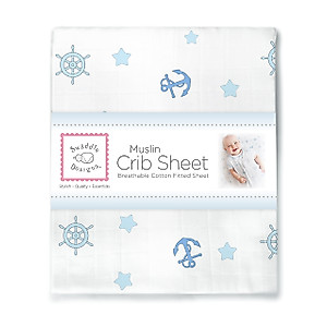 SwaddleDesigns Softest Cotton Muslin Fitted Crib Sheet/Toddler Sheet for Baby Boy & Girl, Pastel Blue Ahoy!
