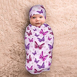 Pink Butterfly Butterflies Newborn Swaddle Blanket Baby Receiving Blankets Infant Sleep Sack Wrap Soft Stretchy Muslin with Beanie Hat for Baby Shower Boy Girl Gifts