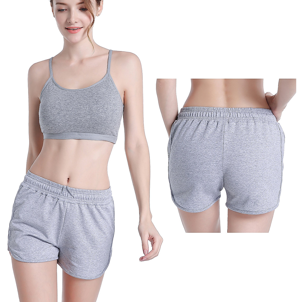 HBY 2 Pack Cotton Yoga Short Women Summer Casual Running Gym Sports Waistband Shorts, M Black/Grey