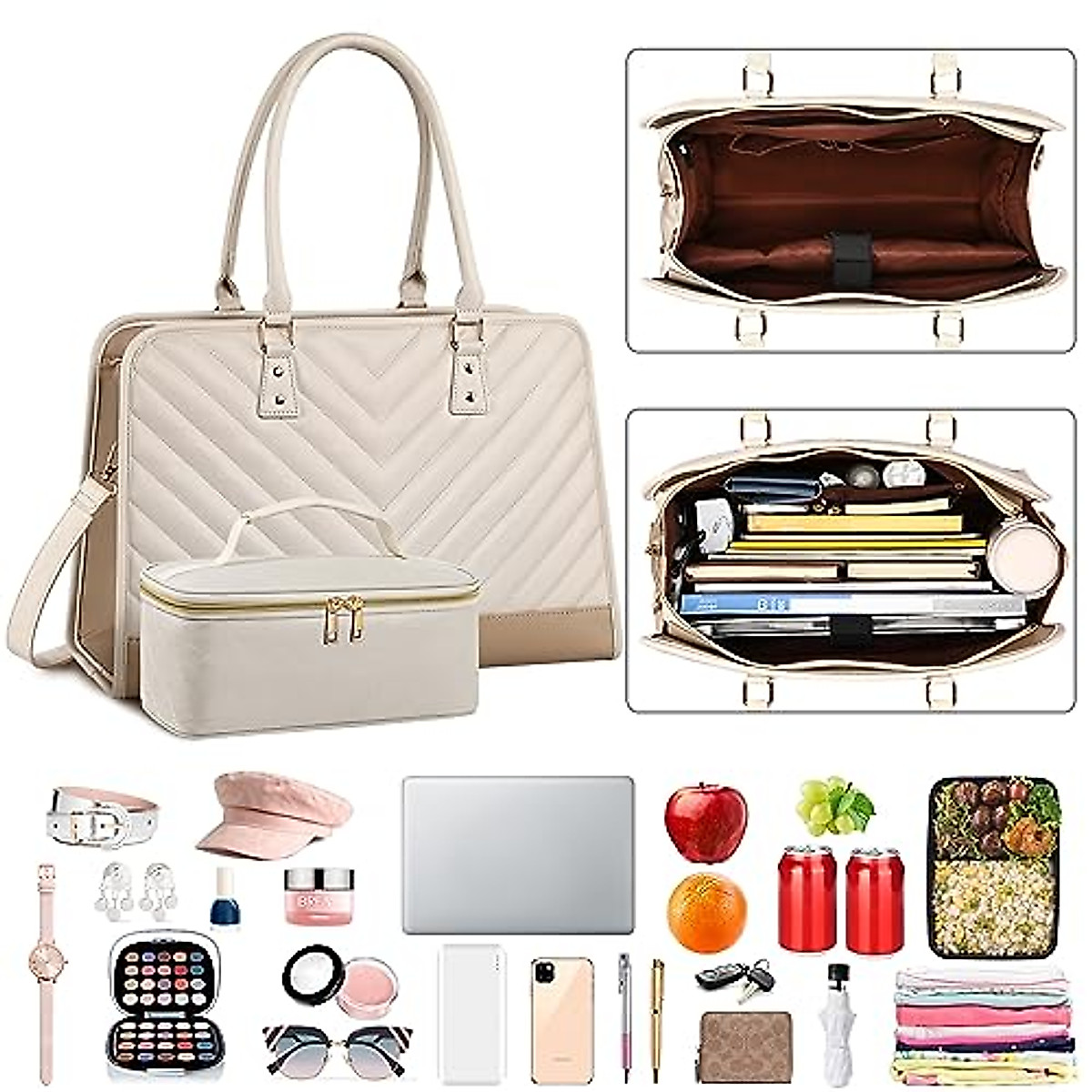 ZOMFELT Laptop Bag for Women, 15.6 inch Laptop Tote Bag with Lunch Bag & USB Charging Port, Large Waterproof Work Bag, Elegant Tote Bag for Women for Business, Work, Office, Travel, Nurse, Beige