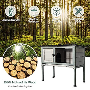Tangkula Elevated Wood Rabbit Hutch, Indoor Outdoor Bunny Cage with Openable Roof and Removable Tray, Chicken Coop with Lockable Door, Guinea Pig Cage, Small Animal Houses & Habitats (Grey)