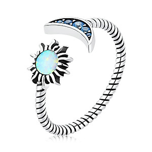 MUNDELL 925 Sterling Silver Opal Star and Moon Open Ring for Women Vintage Twisted Adjustable stackable Ring Dazzling Statement Ring Fine Jewelry