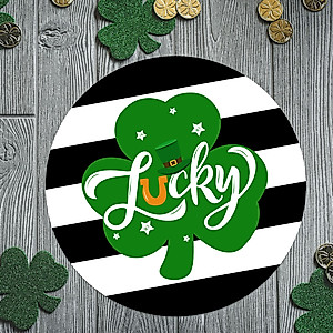 ROCWOHO St Patrick's Day Lucky Wooden Sign Round Wood Hanging Door Sign with Ribbon Bow Decoration and Wreath Clover Farmhouse Wood Door Decor for Home Outdoor Indoor Office Front Door Wall Decor