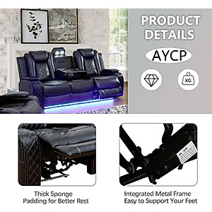 AYCP Multifunction Power Air Leather Recliner Sofa Set with LED Lights, Living Room Furniture, Reclining Sofa, loveseat, Chair with USB Port/Storage (Black, Sofa+Loveseat)