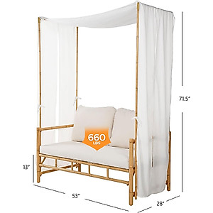 Grand patio Outdoor Loveseat with Canopy, Metal Patio Loveseat Sofa with Thick Cushion, Tropical-style Patio Furniture Featuring Imitation Bamboo Finish, White