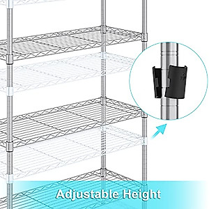 Auslar Metal Storage Shelves 6 Tier Wire Shelving Unit - Metal Racks for Storage with Adjustable Level Feet and Hanging Hooks, Chrome, Grey (24.26" L x 11.5" D x 63" H)
