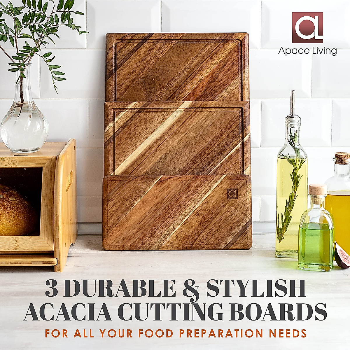 Chorus Wood Cutting Board Set with Juice Groove (3 Pieces) - Acacia Wood Kitchen Cutting Boards, Chopping Board for Meat (Butcher Block), Vegetables, Cheese - 100% Natural Hardwood