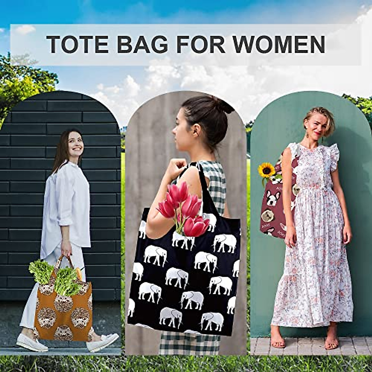 BeeGreen Reusable Grocery Bags Foldable 6 Pack Shopping Bags Large 50LBS Cute Groceries Bags w Pouch Bulk Ripstop Watertight Machine Washable Nylon Compact Elephant Hedgehog Cat Turtle Dog Penguin