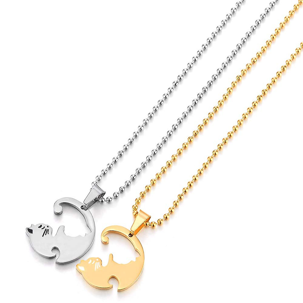 COOLSTEELANDBEYOND Pair Steel Gold Silver Matching Kitty Cat Friendship Pendant Necklace, Lovers Couples Friends