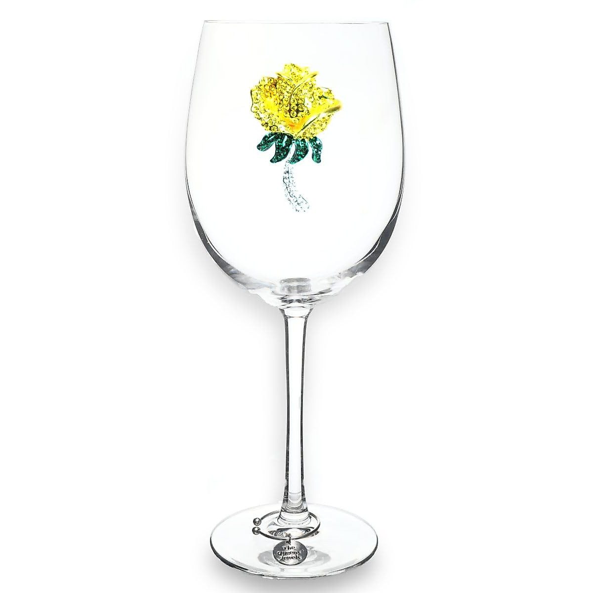THE QUEENS' JEWELS Yellow Rose Jeweled Stemmed Wine Glass, 21 oz. - Unique Gift for Women, Birthday, Cute, Fun, Not Painted, Decorated, Bling, Bedazzled, Rhinestone