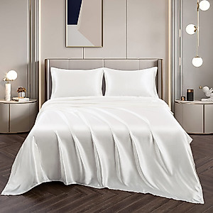 Vonty Satin Sheets Queen Size Silky Soft Satin Bed Sheets Ivory White Satin Sheet Set, 1 Deep Pocket Fitted Sheet + 1 Flat Sheet + 2 Pillowcases
