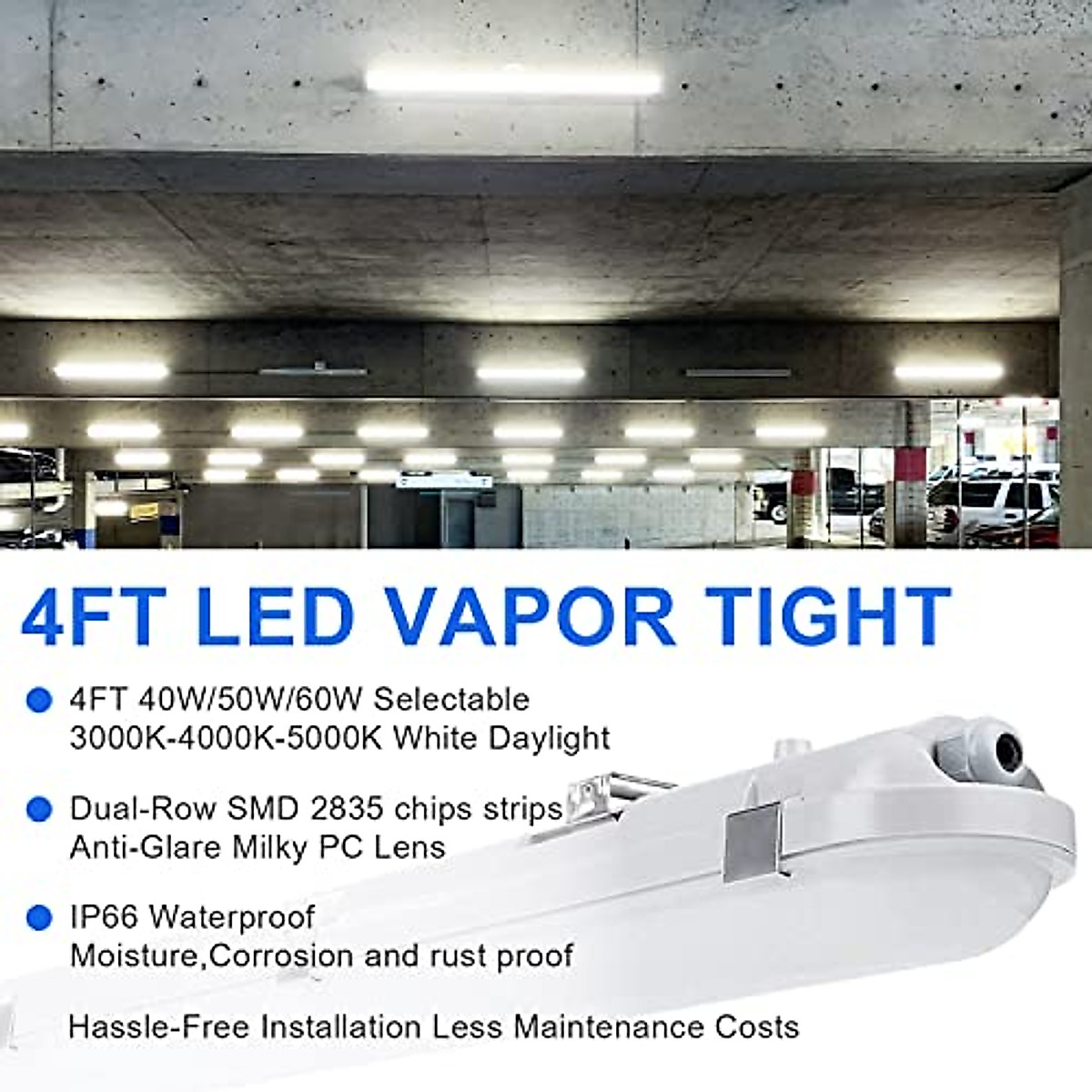 4FT LED Vapor Tight Lights, 40W/50W/60W Selectable 5200LM Vapor Proof Light 3000K/4000K/5000K Tunable, Indoor Waterproof Workshop Light, IP66 DLC ETL Approved for Cold Room, Car Wash (6Pack)