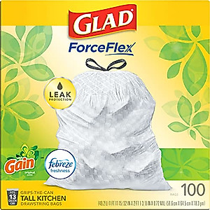 GLAD ForceFlex Tall Drawstring Trash Bags, 13 Gallon White Trash Bags for Tall Kitchen Trash Can, Gain Original Scent to Eliminate Odors, 100 Count - Packaging May Vary