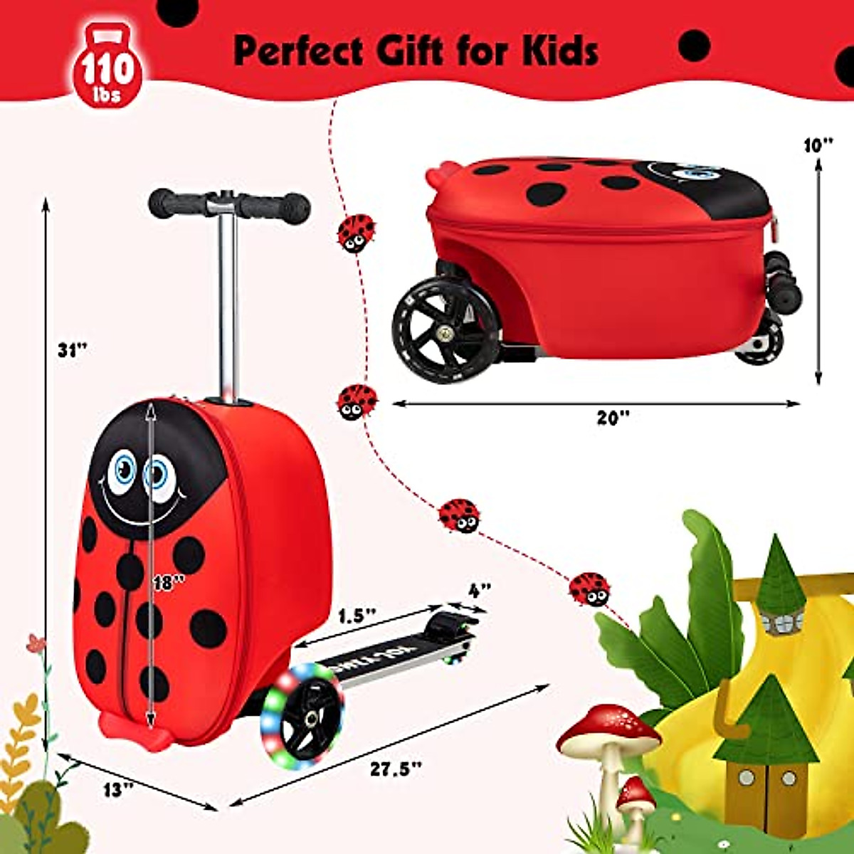 HONEY JOY Kids Scooter Suitcase, 18” Children Carry on Scooter Luggage w/Light-up LED Wheels, Waterproof Shell & Retractable Handle, Lightweight Foldable Ride on Suitcase for Kids Boys Girls(Red)