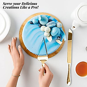 Gold Stainless Steel Cake Serving Set - Cake Knife and Server - Cake Serving Set With Serrated Blade for Easier Cutting - Holidays, Birthdays, Wedding, Anniversary