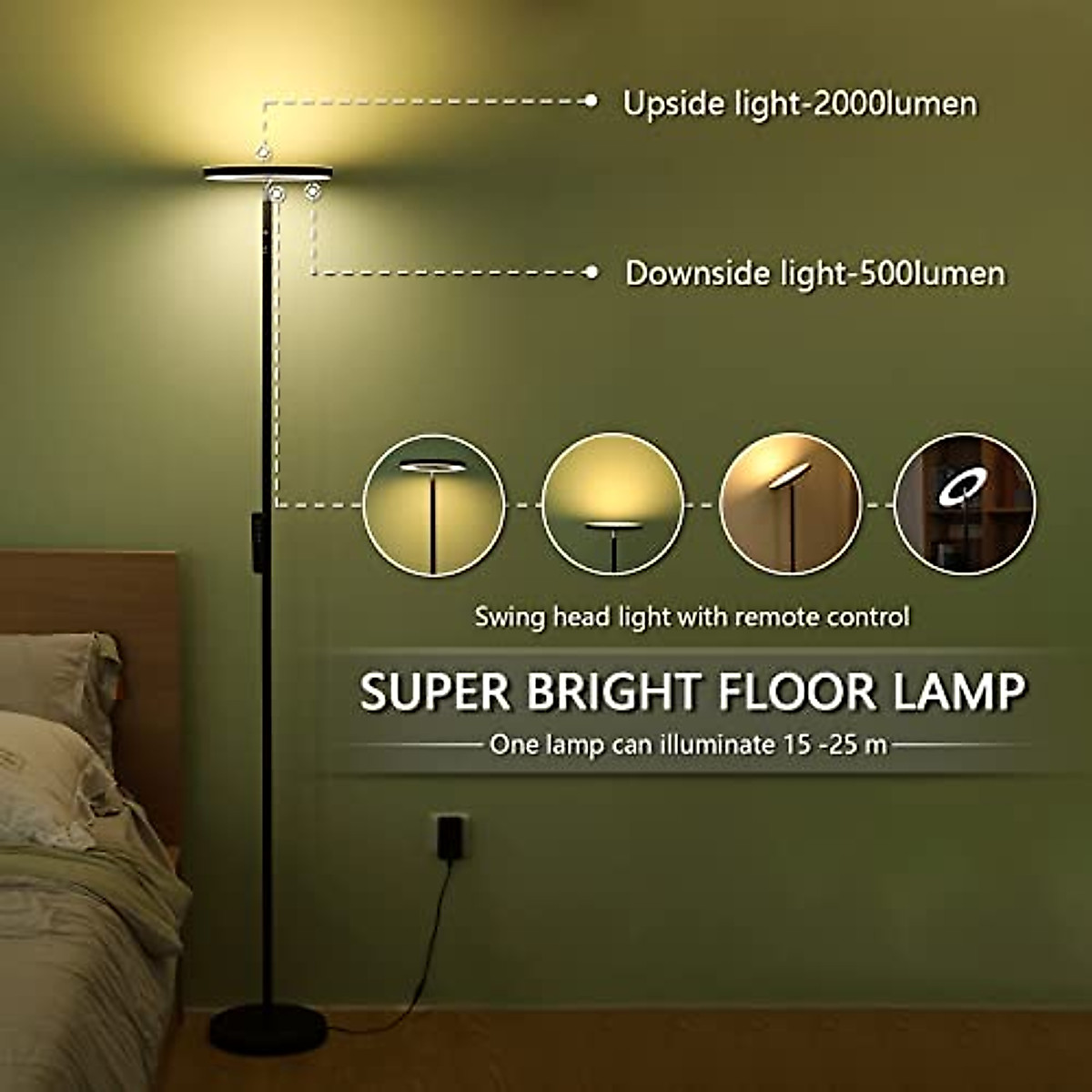 ACODO Floor lamp,LED Modern Double Side Lighting Reading Lamps ,Adjustable Height 4 Color Temperatures Standing Working Tall Lamp with Remote & Touch Control for Living Room,Bedroom, Office (Black)