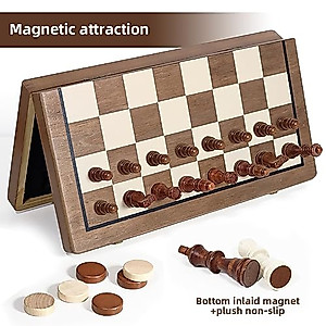 2 in 1 Magnetic Chess Sets,15in Folding Wooden Chess & Checkers Set Board for Adults,Chess Pieces with 2 Extra Queen,Travel Chess Set with Storage Bag for Kids