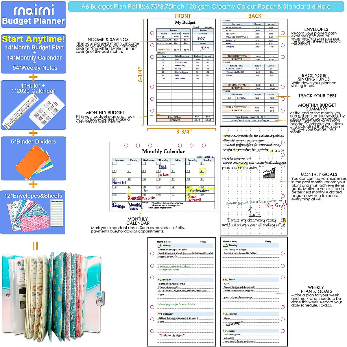PVC Cash Envelopes Wallet Finances Organizer, 2023 Weekly & Monthly Personal Budget Planner, 6-Ring Binder Refillable Notebook Handbag with 12 Cash Envelopes & Budget Sheets Calendar