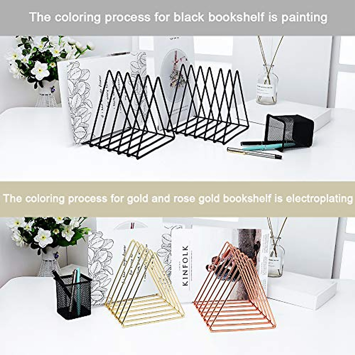 Urban Deco Triangle Desk Organizers Metal Wire Magazine Holder 7 Sections Decorative File Folder Organizer Vinyl Record Storage Office For Desk - Gold Magazine File Holder - Pack of 2