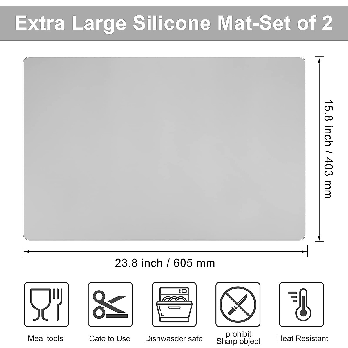 Silicone Mats for Kitchen Counter, Heat Resistant Mats for Countertop Protector, Waterproof, Washable, Non Slip, Multipurpose, Microwave, Cooking XL Large Silicone Mat, 23 x 15in, 1mm, Set of 2, Grey