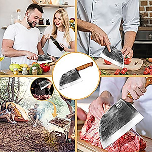 GUSMAN CUTLERY Serbian Chef Knife - Heavy Duty Butcher Knives Set Professional Carbon Steel Cleaver Knife w/ Sheath Rustic Full Tang Big Camp Bone Chopper for Men BBQ Cutting Kitchen Cooking Chopping